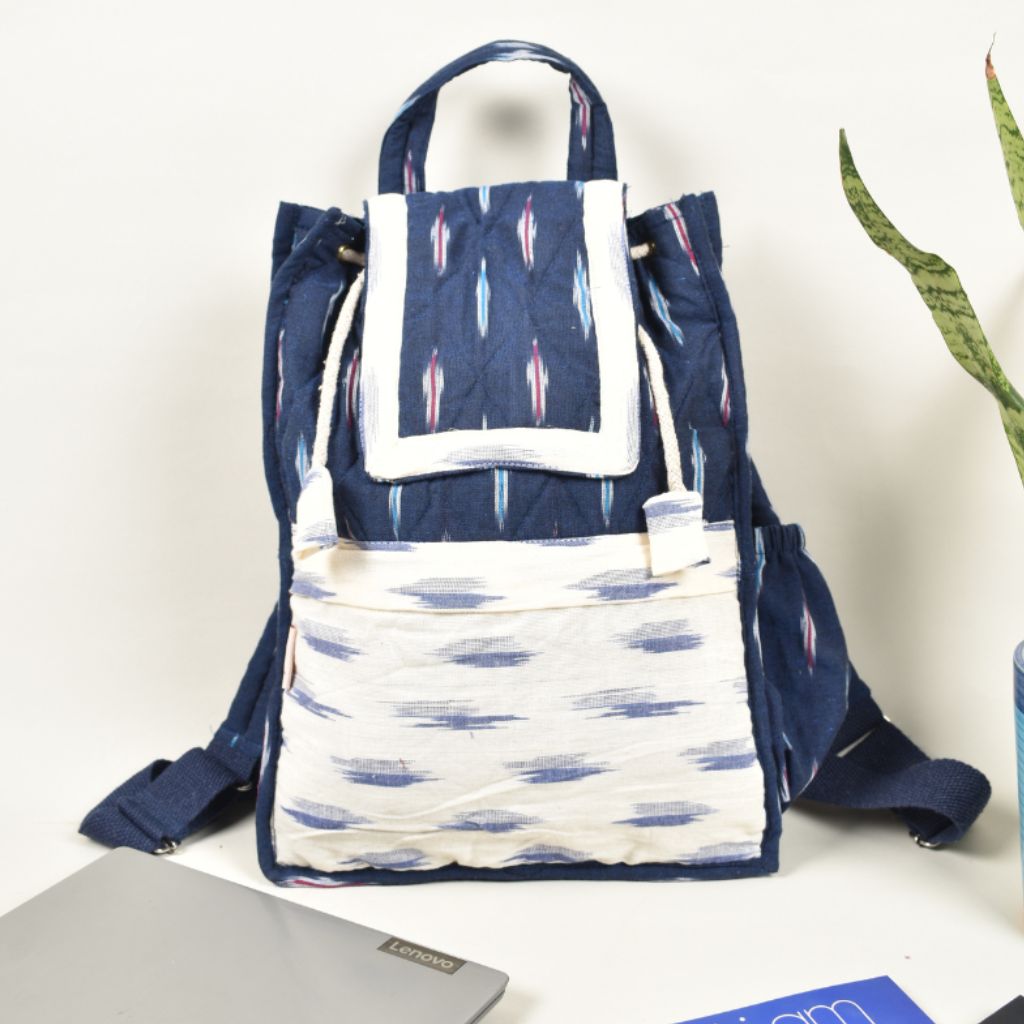 Buy Blue & white Ikat Laptop Backpack from Kritikala